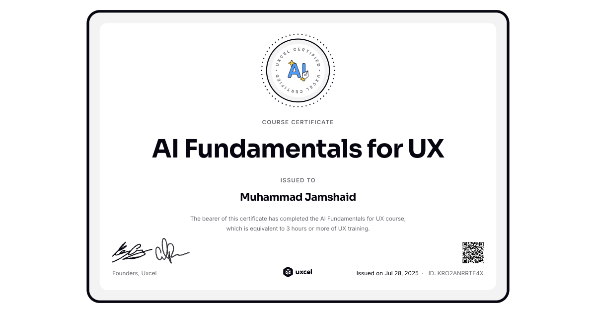 Certificate of completion for AI Fundamentals for UX | Uxcel